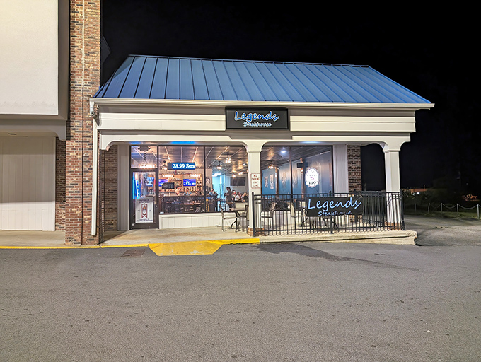 Legends after dark transforms into a cozy culinary oasis, where the blue metal roof shelters diners from ordinary meals and guides them toward extraordinary flavors.