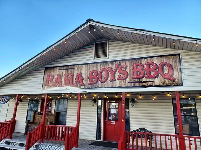 The weathered wooden sign and humble exterior of Bama Boys BBQ promises what every great barbecue joint should: substance over style.