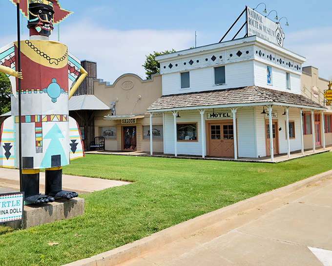The museum's charming exterior blends Old West architecture with colorful Route 66 folk art, welcoming travelers to step back in time.