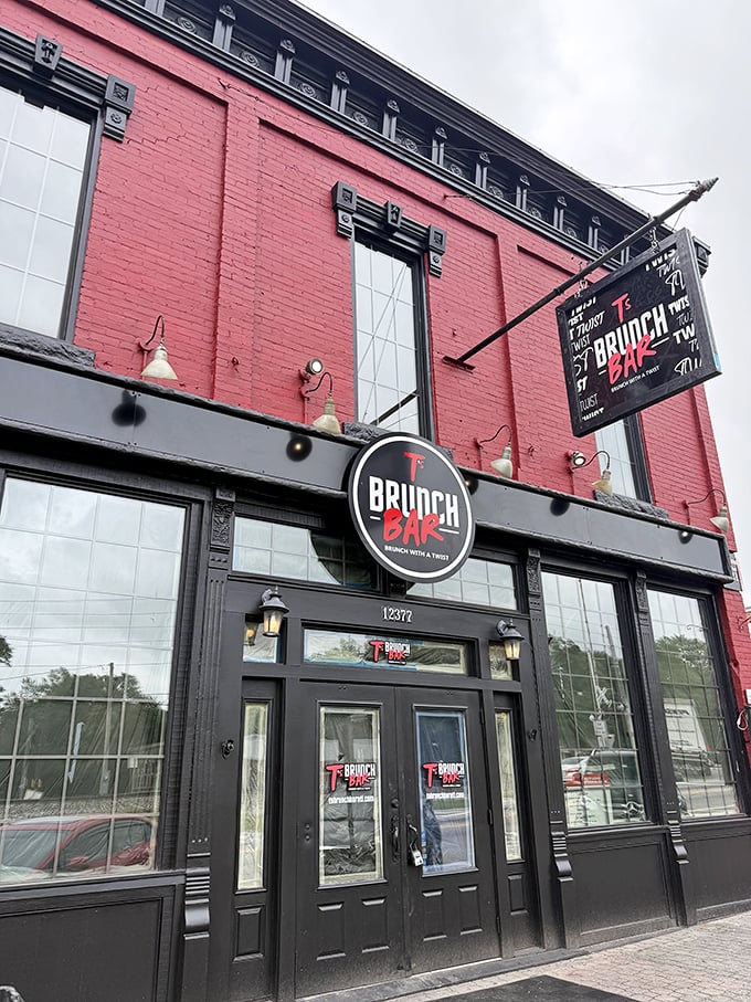 The red brick facade of T's Brunch Bar stands out like a culinary exclamation point in downtown Douglasville, promising delicious adventures within.
