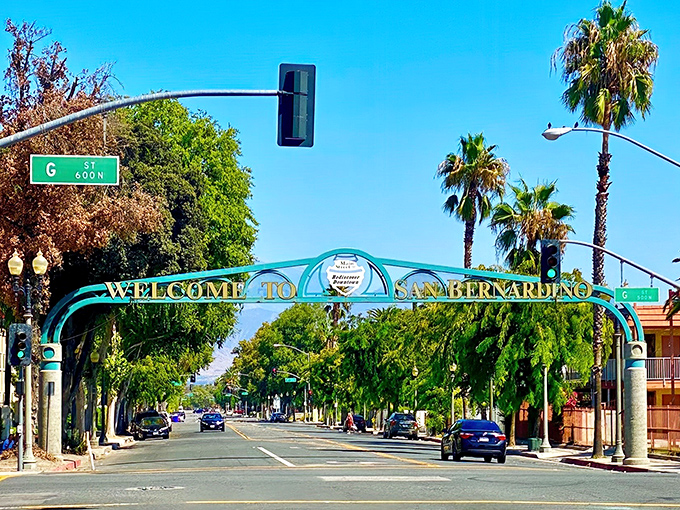 Downtown San Bernardino offers that quintessential California contrast—modern architecture against the backdrop of snow-capped mountains, all under impossibly blue skies.