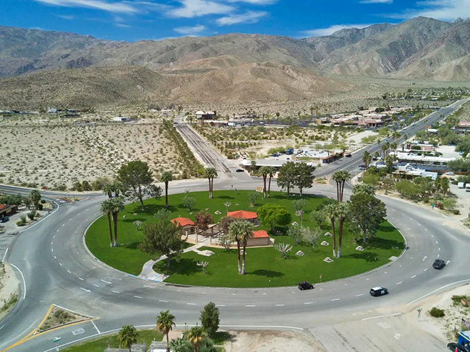 The view from above reveals Borrego's brilliant urban planning &ndash; a verdant oasis circle surrounded by desert, like nature's own social distancing experiment.
