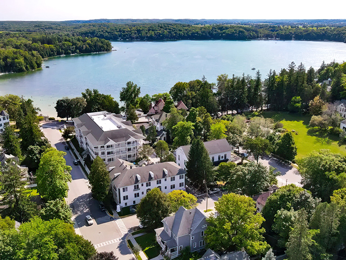 From above, Elkhart Lake reveals its true colors &ndash; a shimmering turquoise jewel nestled in Wisconsin's verdant embrace. Paradise found, not manufactured.
