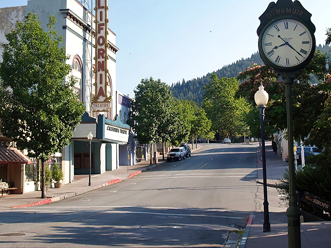 Downtown Dunsmuir's historic California Theatre marquee stands like a time capsule against the backdrop of pine-covered mountains. Small-town charm at its finest.