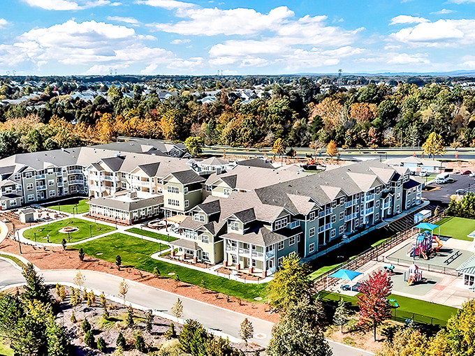 A bird's-eye view reveals Sterling Heights' thoughtful layout, with green spaces, walking paths, and autumn colors that would make even New England jealous.