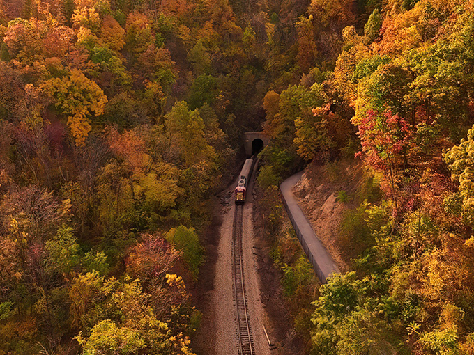 Nature's aerial show from above—the train snakes through a golden tunnel of fall foliage, making interstate drivers wish they'd chosen the scenic route instead.
