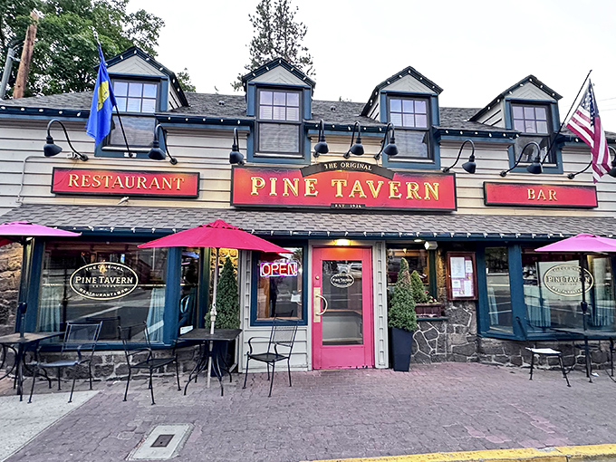 That iconic red sign against blue trim isn't just restaurant branding&mdash;it's a beacon of hope for hungry travelers seeking legendary scones and riverside dining.
