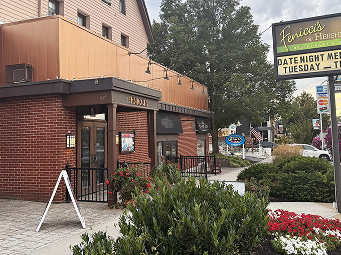 Brick, copper, and greenery welcome you to this Hershey institution. The date night menu on the sign promises romance with your ravioli.