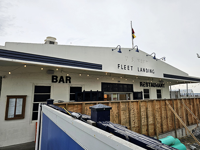 The naval-inspired exterior of Fleet Landing stands proudly against Charleston's skyline, a white and blue beacon for hungry sailors and landlubbers alike.