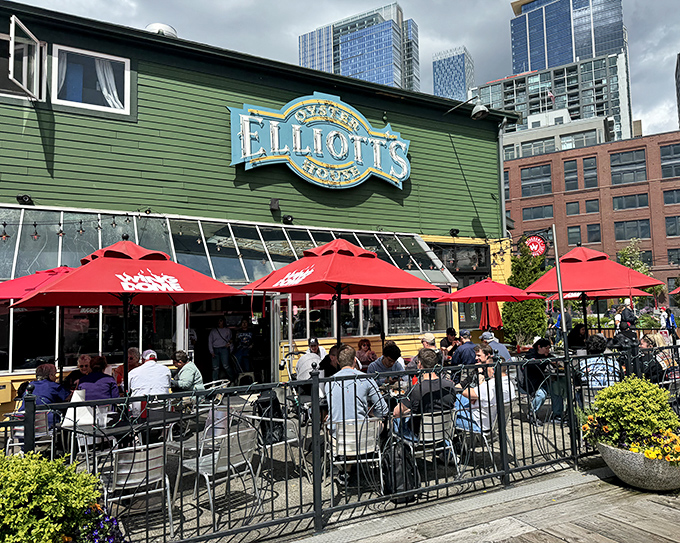 Seattle's skyline provides the perfect backdrop for Elliott's bustling outdoor patio, where seafood and scenery compete for your attention.