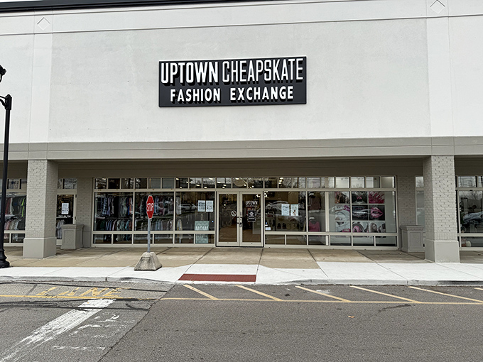 The storefront beckons like a fashion oasis in the retail desert, promising treasure without the typical mall price tags.