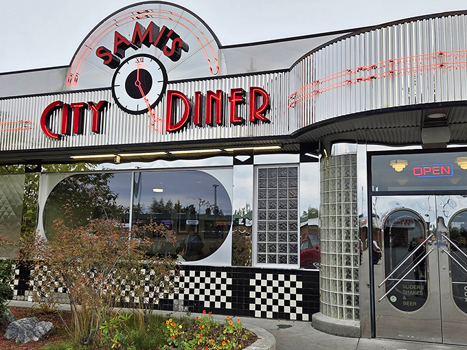The gleaming chrome exterior of City Diner stands like a time machine to the 1950s, complete with that iconic clock reminding you it's always mealtime.