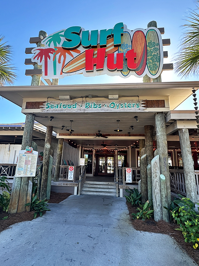 Not just a sign, but a declaration: this is where surfboards meet seafood in a marriage made in Florida heaven.