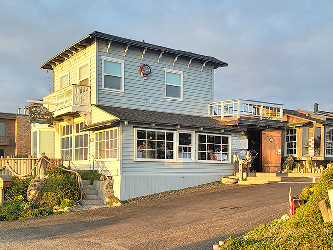 Bathed in golden hour light, this seafood sanctuary beckons hungry travelers with the promise of ocean-fresh delights and sunset views.