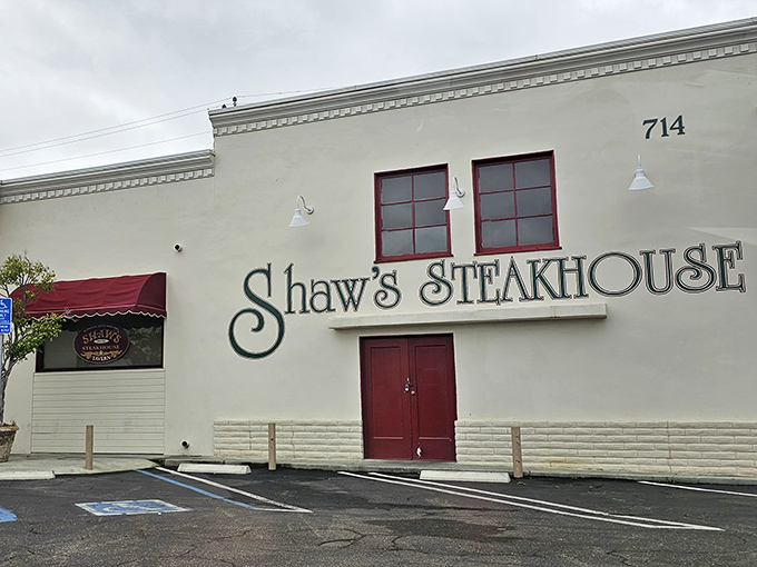 The golden facade of Shaw's Steakhouse glows in the late afternoon sun, like a beacon calling hungry travelers home.