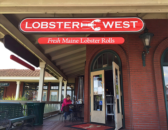 The iconic red Lobster West sign beckons seafood lovers like a lighthouse guiding hungry sailors to shore. Maine meets California in this charming brick storefront.