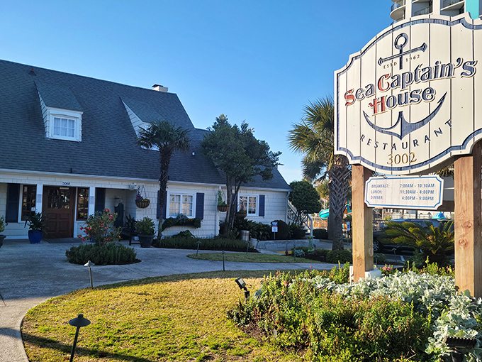 This isn't just a restaurant sign&mdash;it's a beacon for hungry travelers, promising maritime delights that would make Poseidon himself book a reservation.