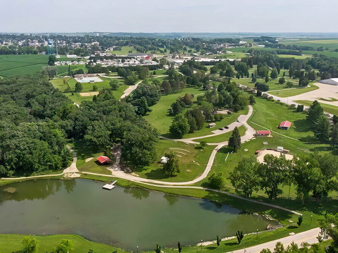 This aerial view reveals why Waukon locals joke that their biggest traffic jam involves three cars and a tractor.