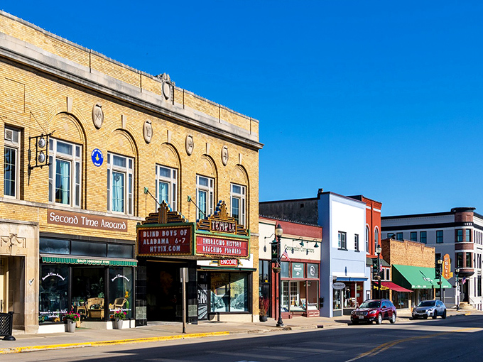 The historic Temple Theatre marquee stands as Viroqua's cultural heartbeat, where Midwestern charm meets unexpected artistic offerings in brick-and-mortar splendor.