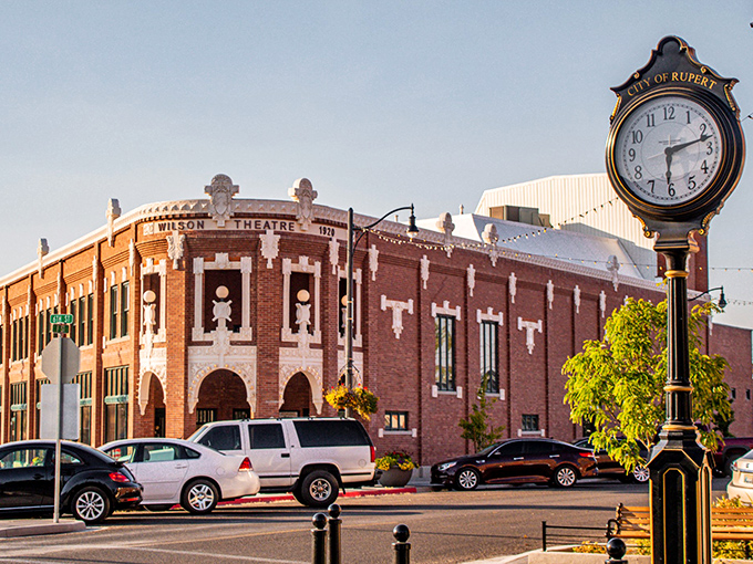 The historic Wilson Theatre stands as Rupert's crown jewel, its ornate brick façade and vintage clock telling stories of a bygone era.