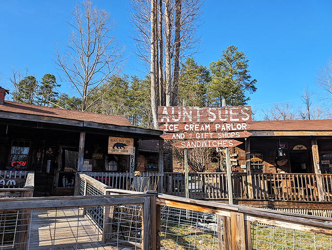 Bathed in Carolina sunshine, Aunt Sue's rustic charm stands tall against a brilliant blue sky&mdash;like finding the Shangri-La of Southern cooking hiding in plain sight.