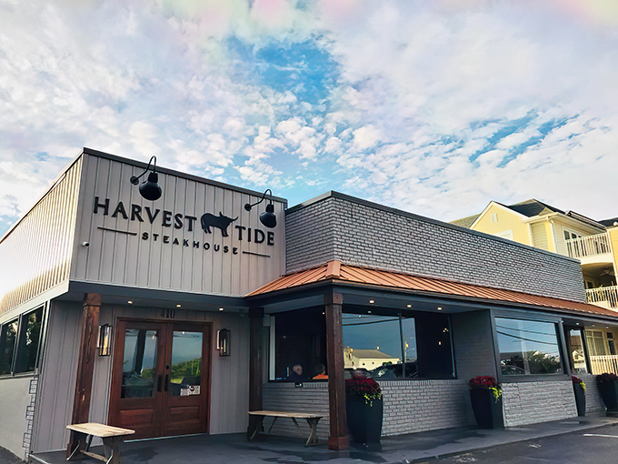 The unassuming exterior of Harvest Tide belies the culinary magic happening inside. Like finding a treasure chest disguised as a tackle box.