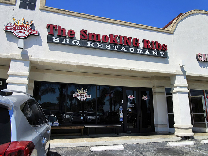 The daytime facade reveals The Smoking Ribs' humble strip mall setting&mdash;proof that California's best barbecue treasures often hide in plain sight.