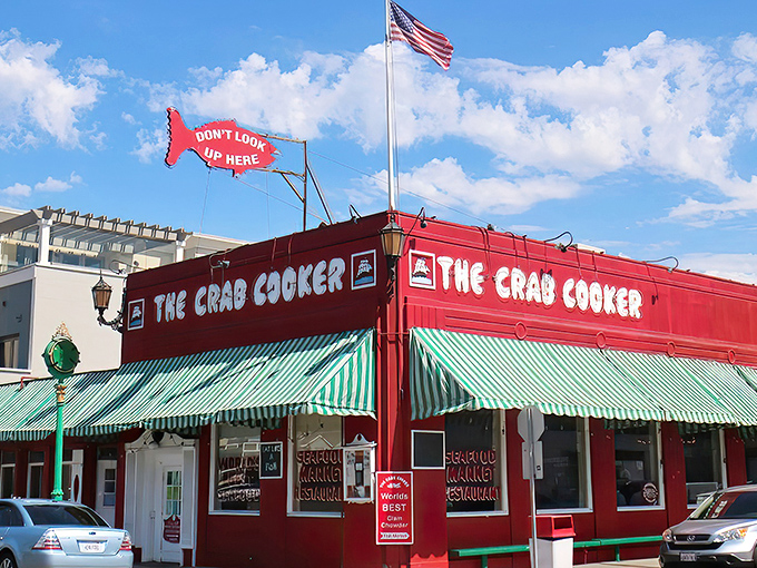 The "Don't Look Up Here" fish flag flutters above this crimson culinary castle, a cheeky first hint at the unpretentious charm waiting inside.