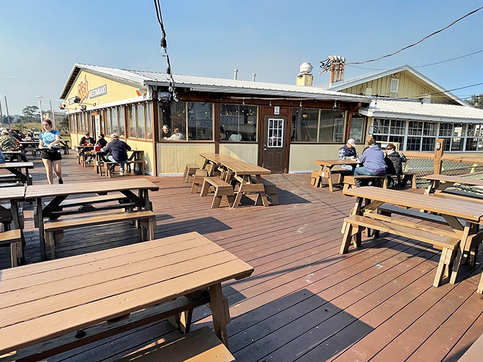 The Shack's outdoor deck offers the perfect spot to enjoy Gulf Coast seafood and that legendary key lime pie under the Florida sun.