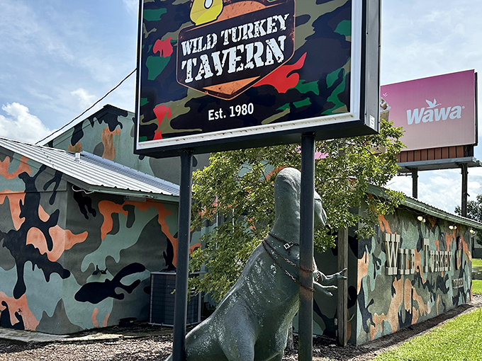 Military-inspired camouflage isn't hiding anything here&mdash;this tavern wants to be found. The outdoor bench invites you to take a breather before the flavor assault begins.