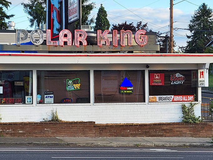 The Polar King exterior draws you in, its large glass windows offering a clear view of the cozy interior where decades of comfort food await.