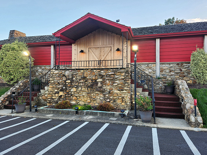 The iconic red exterior with stone foundation isn't just eye-catching&mdash;it's a promise of the hearty, soul-satisfying meal that awaits inside this Frederick landmark.
