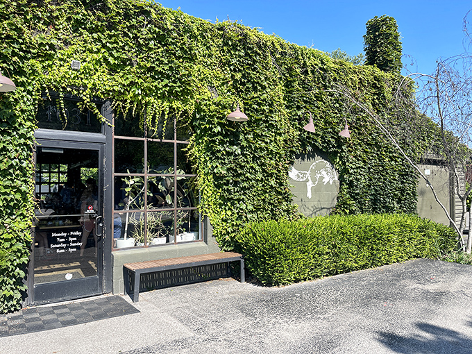 Nature meets industrial chic at Fox in the Snow's ivy-covered exterior. The lush green facade transforms this former garage into Columbus' most Instagram-worthy coffee destination.