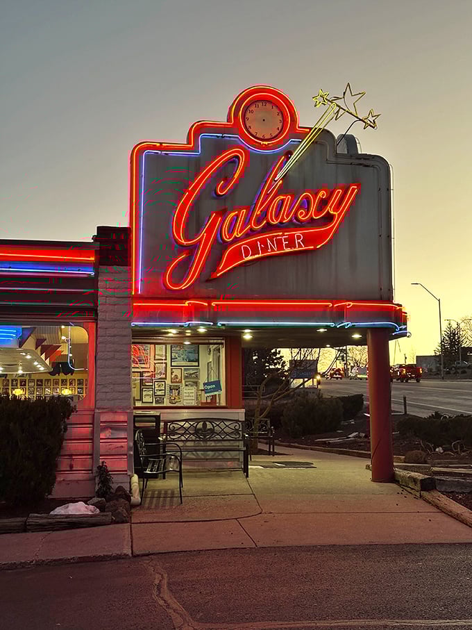 When the sun sets, Galaxy Diner's neon glow transforms into a roadside masterpiece that would make James Dean pull over for a milkshake.