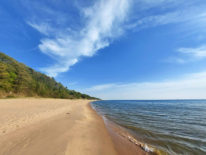 Mother Nature showing off her interior design skills&mdash;pristine shoreline meets forested bluff in perfect Michigan harmony.