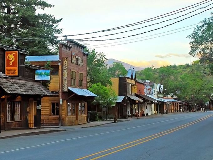 Winthrop's main street at dusk captures that magical moment when the Old West meets modern charm, bathed in the golden light of a mountain sunset.