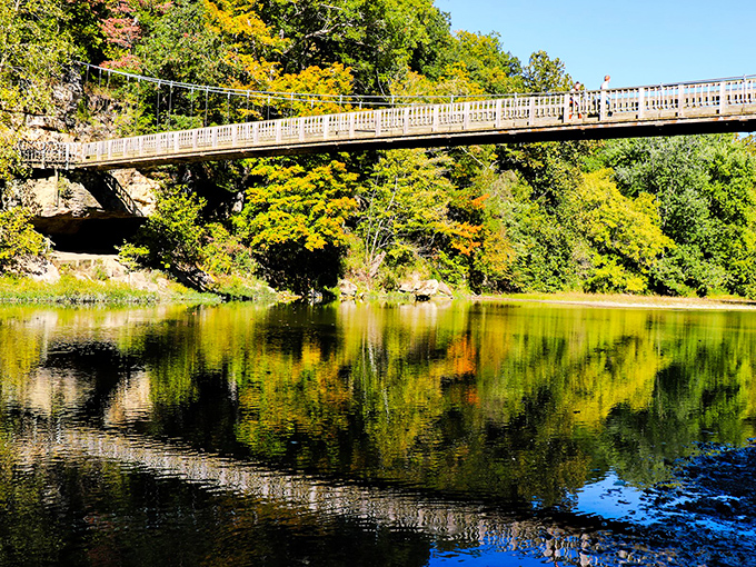Sugar Creek winds through ancient sandstone cliffs, creating a scene so un-Indiana-like you'll wonder if you accidentally drove to Colorado.