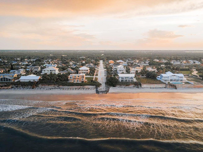Aerial view of NSB's pristine coastline, where beachfront homes sit just steps from the Atlantic&mdash;retirement dreams made tangible.