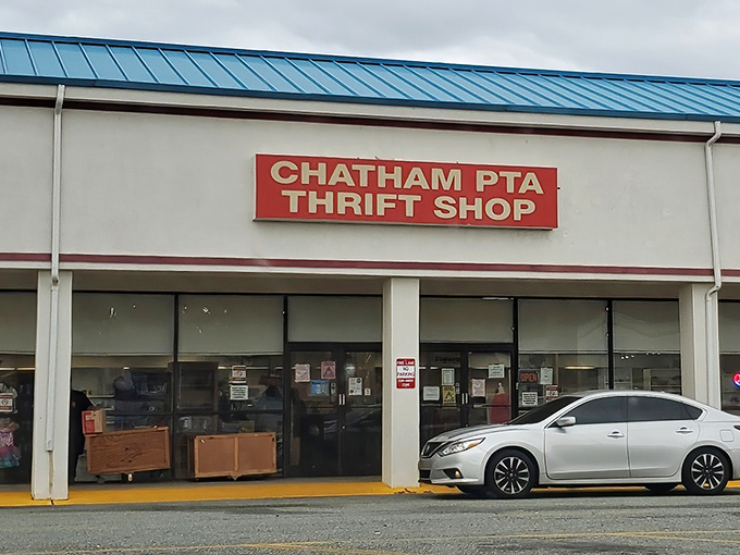 The iconic red sign against the blue roof is like a beacon for bargain hunters. This unassuming storefront houses treasures waiting to be discovered.