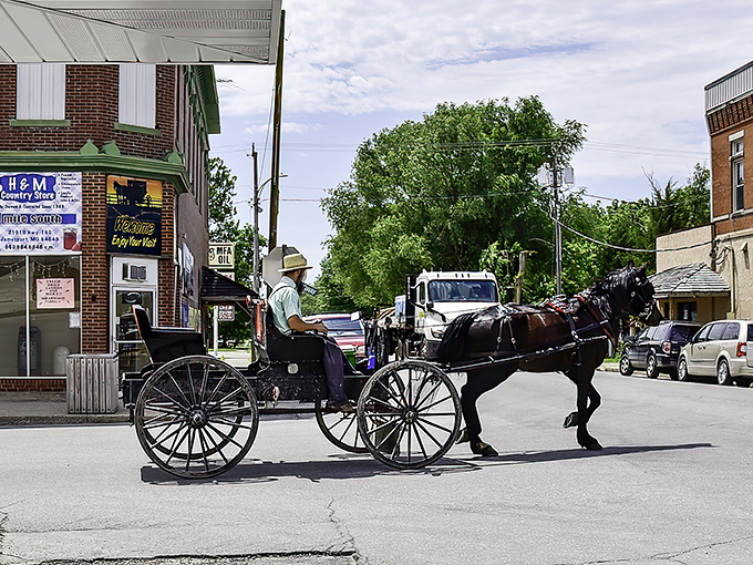 Where horse-drawn buggies and modern vehicles share the road without a honk or hurry. Time moves differently in Jamesport's charming downtown.