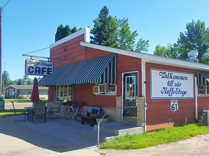 The little red "coffee cabin" beckons from Highway 61, its striped awnings and welcoming porch promising Swedish comfort food worth the detour.