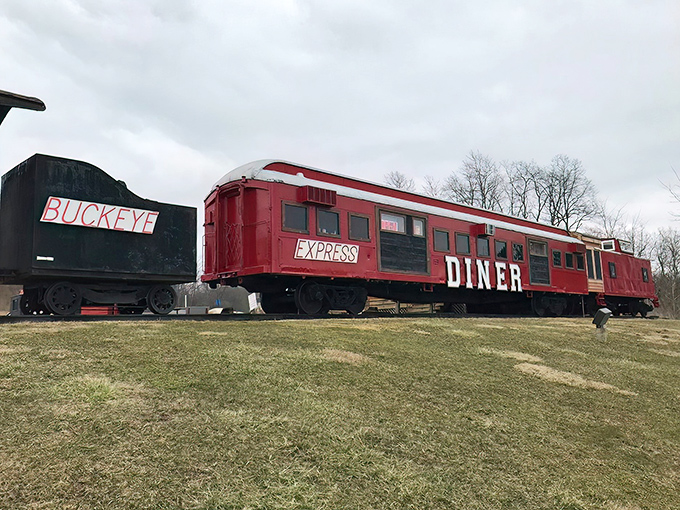 All aboard for flavor! The iconic scarlet train car of Buckeye Express Diner stands proudly against the Ohio sky, promising culinary adventures ahead.