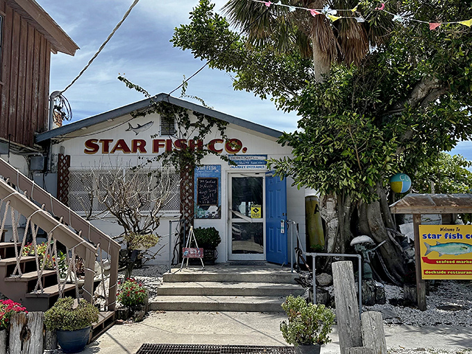 The unassuming entrance to seafood paradise. Star Fish Company's weathered wooden exterior promises authentic Florida Gulf Coast dining without pretense.