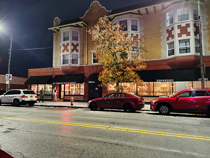 The historic brick fa&ccedil;ade of My Friends Restaurant glows like a beacon of comfort food on Cleveland's streets after dark.