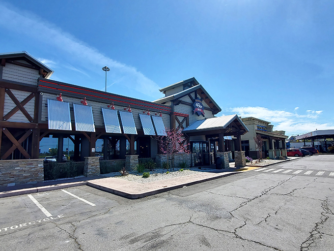 Gold rush architecture meets modern comfort at the 49er Diner, where the peaked roof and stone accents welcome hungry prospectors searching for culinary treasures.