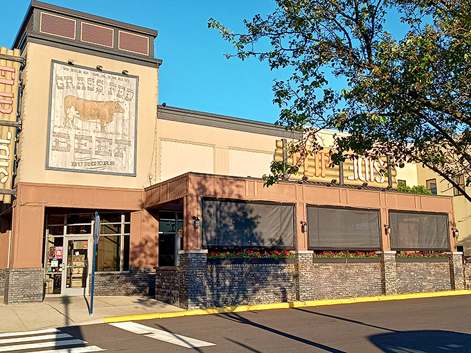 The weathered "Grass Fed Beef Burgers" sign promises authenticity before you even step inside. This isn't just a meal&mdash;it's a mission statement.