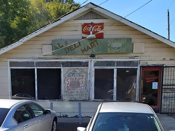 The weathered exterior of Stamps Super Burgers speaks volumes – this isn't a place that needs fancy signage when the food does all the talking.