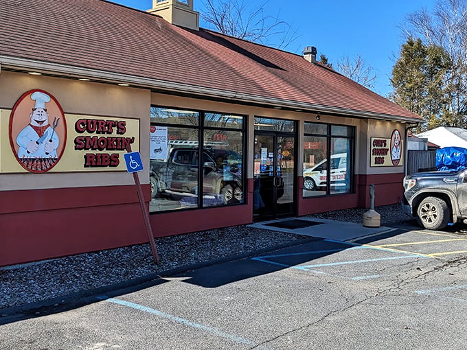 The unassuming exterior of Curt's Smokin' Ribs proves once again that BBQ brilliance often hides in plain sight. That cartoon chef knows what's coming!
