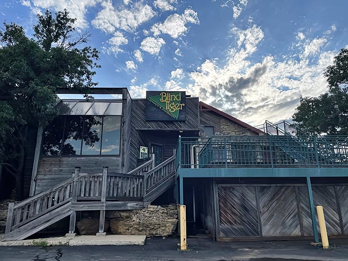The wooden stairway to beer heaven. Blind Tiger's rustic exterior promises what every great brewpub should: character, comfort, and cold craft beer waiting inside.