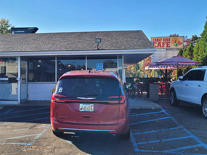 The unassuming exterior of Early Bird Cafe stands like a breakfast beacon in Keego Harbor, promising honest food without the frills.